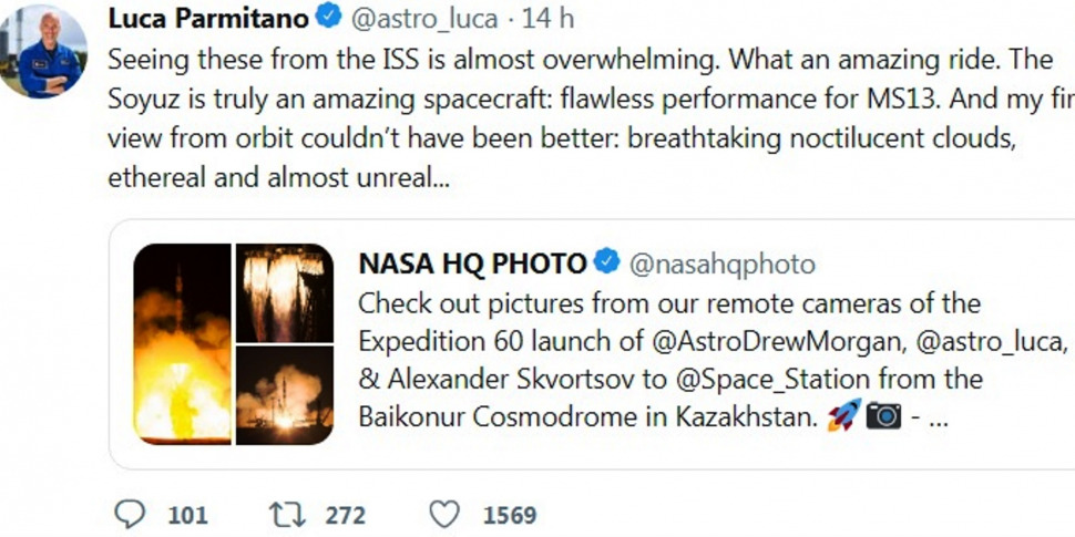 Missione Beyond, il primo tweet di Luca Parmitano dallo Spazio: Missione Beyond, il primo tweet di Luca Parmitano dallo Spazio:
